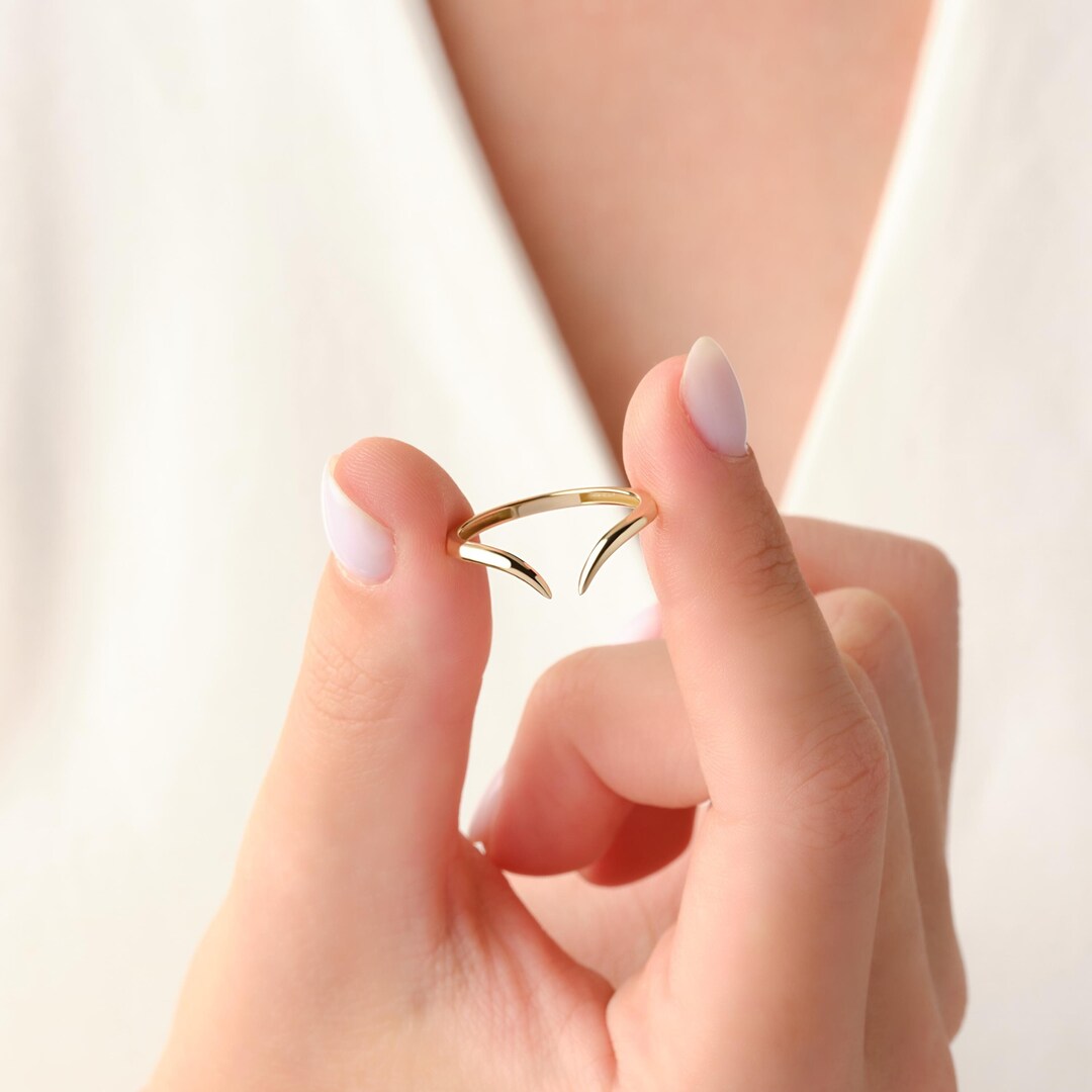 Chevron Open Band Solid Gold V Ring Dainty 18K Gold Stacking Open Band ...