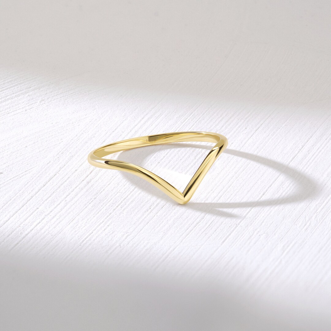 V Ring 14K Solid Yellow Gold Stack Band Ring, 18K Gold Minimalist Ring ...