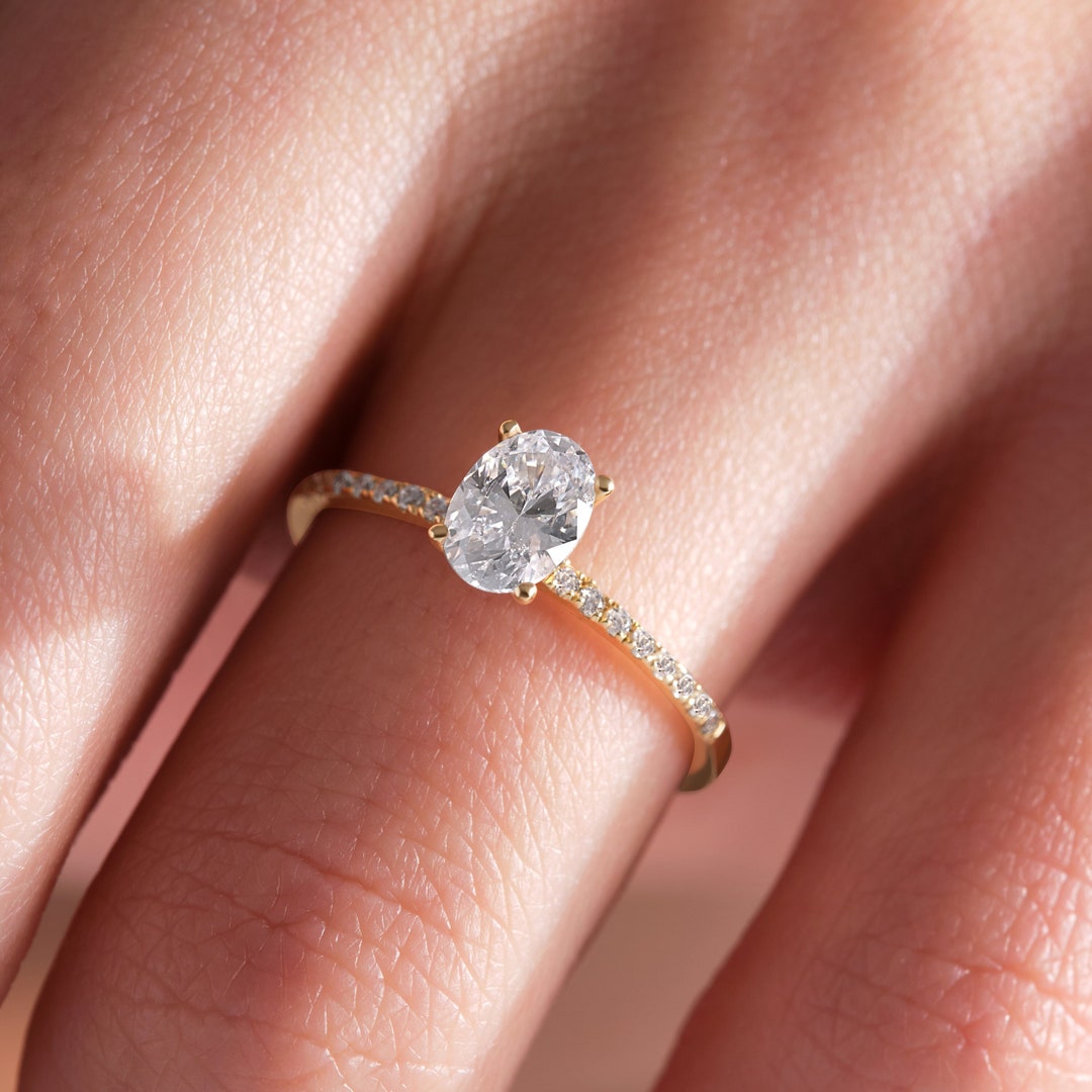 Oval Diamond Engagement Ring Solid Gold, Pave CZ Diamond Wedding Band ...