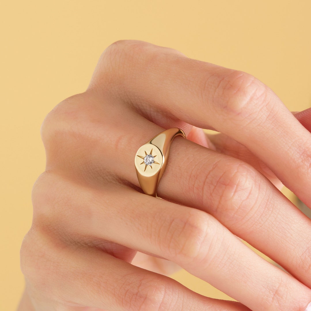 Star Signet Ring Diamond Signet Ring 14K Gold Mothers Day Gift Solid ...