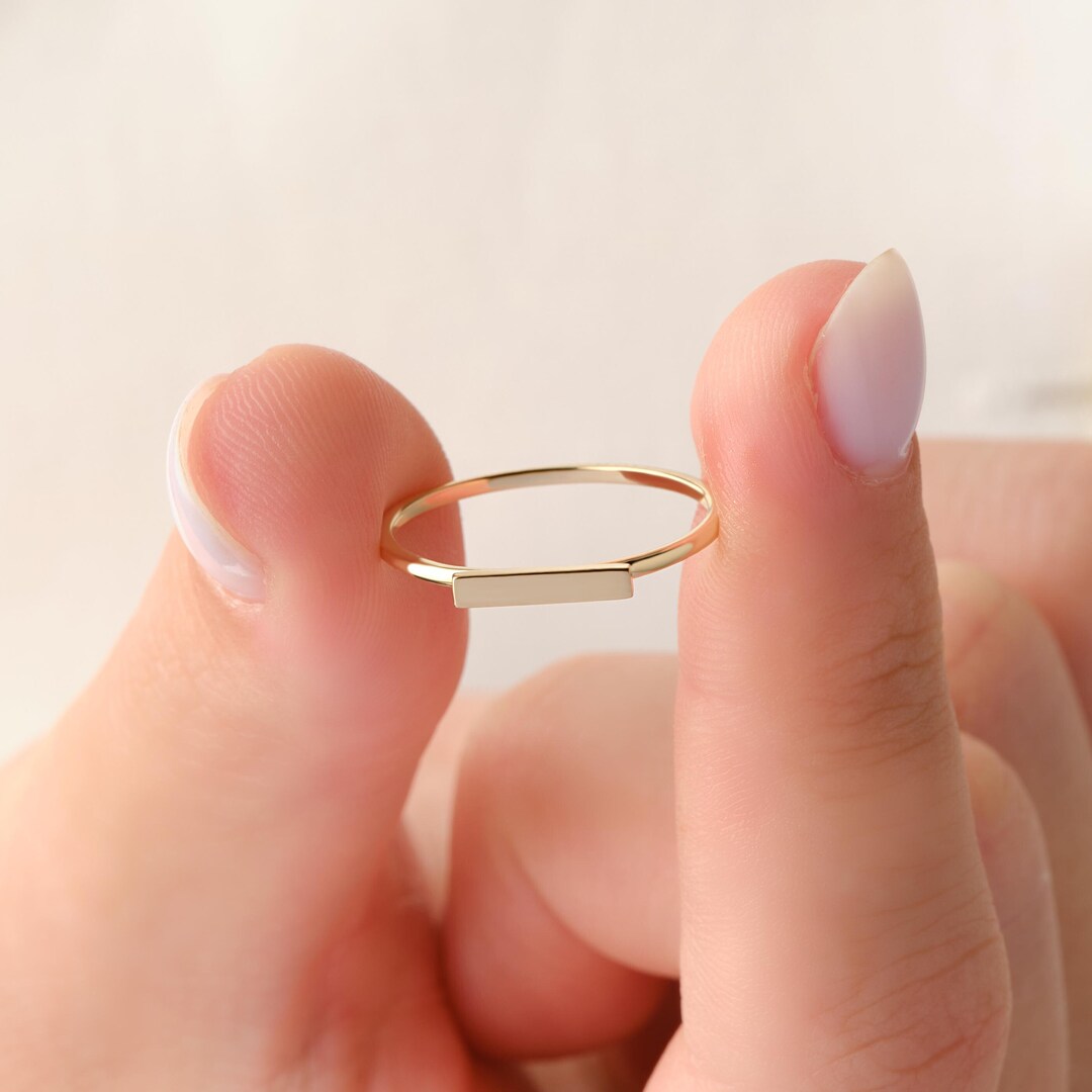 Solid Gold Bar Midi Ring Yellow Gold Middle Finger Ring Dainty Gold Bar ...