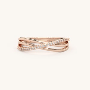 Crossover Triple Ring 14K Gold Pave Diamond Rolling Ring Gold Triple Stacking Ring Interlocking ...
