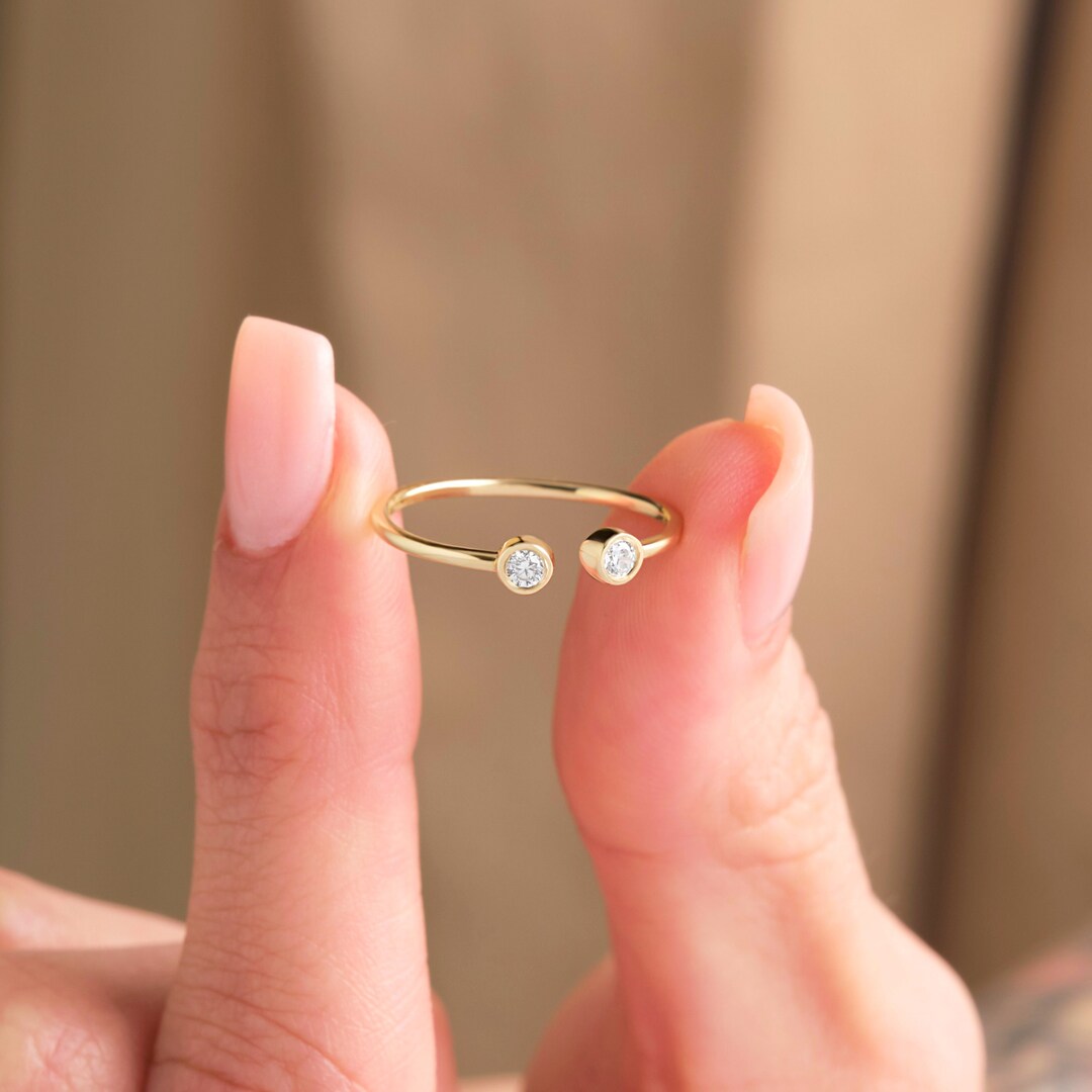 Open Diamond Ring 14K Gold Dual Diamond Bezel Open Cuff Ring Solid Gold ...