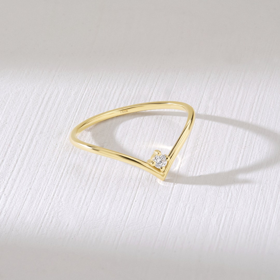 Solid Gold V Ring, Dainty Diamond Chevron Wedding Band, Wishbone Curved ...