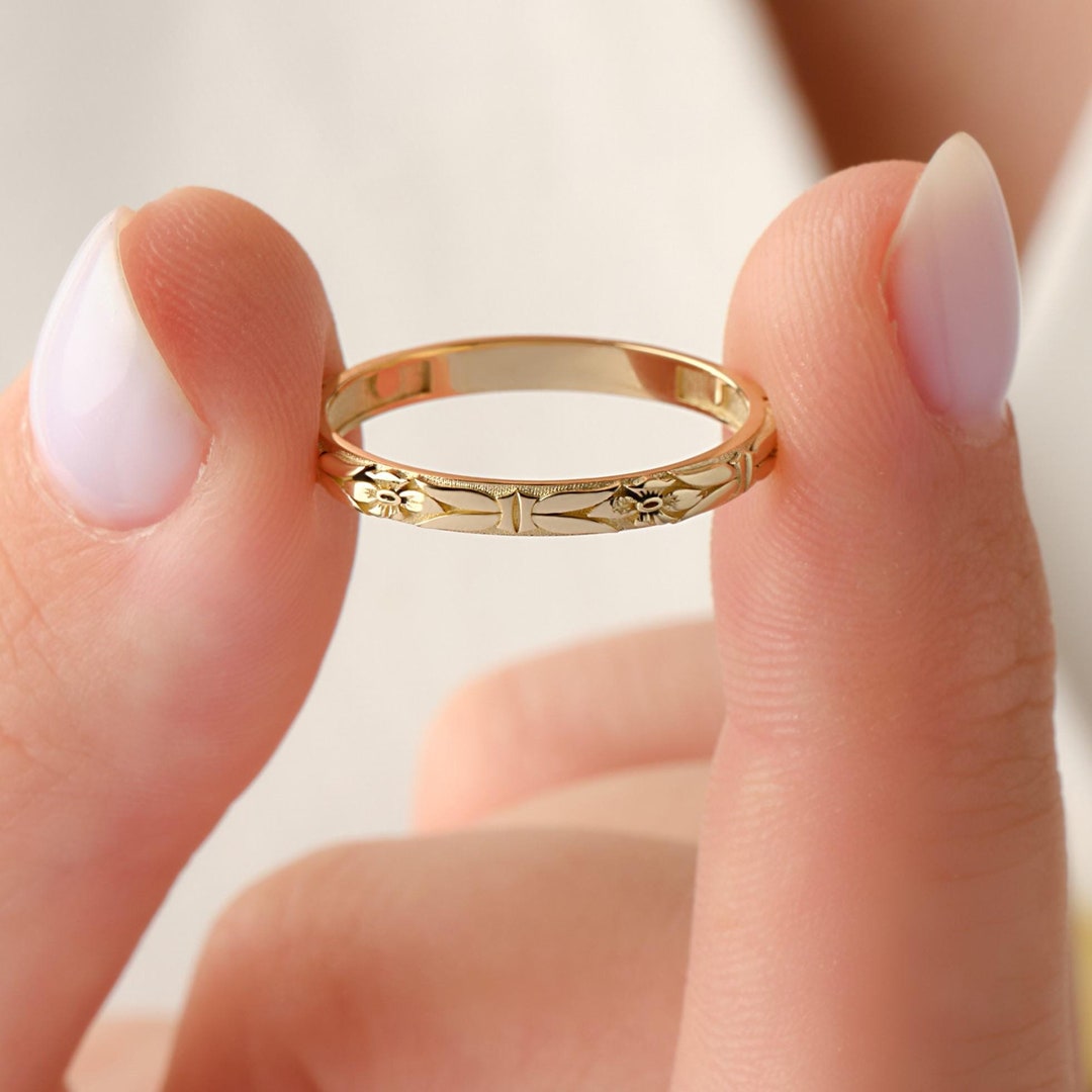 Tulip Flower Ring 14K Gold Pattern Ring Women Wedding Band Solid Gold Floral Band Gold Dainty ...