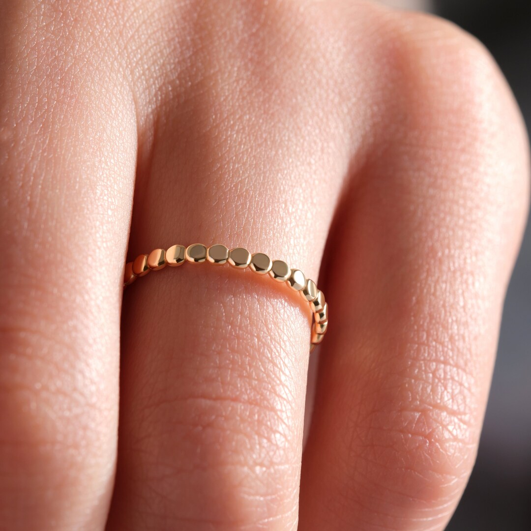 Solid Gold Bead Flat Circle Wedding Band, 10K 14K 18K Minimal Dainty Dotted Everyday Ring, Tiny ...
