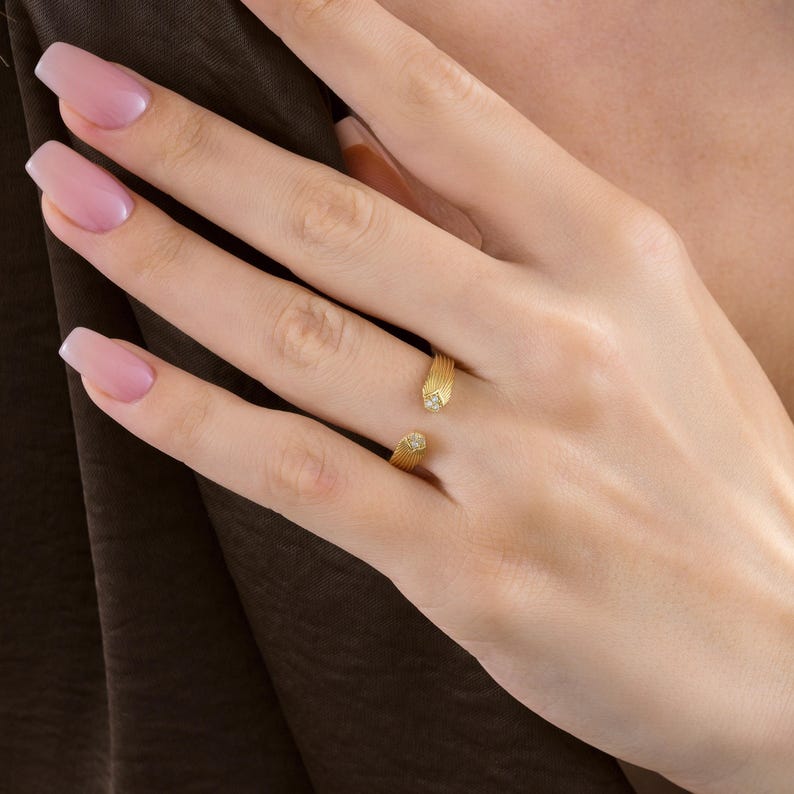 Golden Flare Open Diamond Ring - Solid Gold Textured Ends and CZ ...