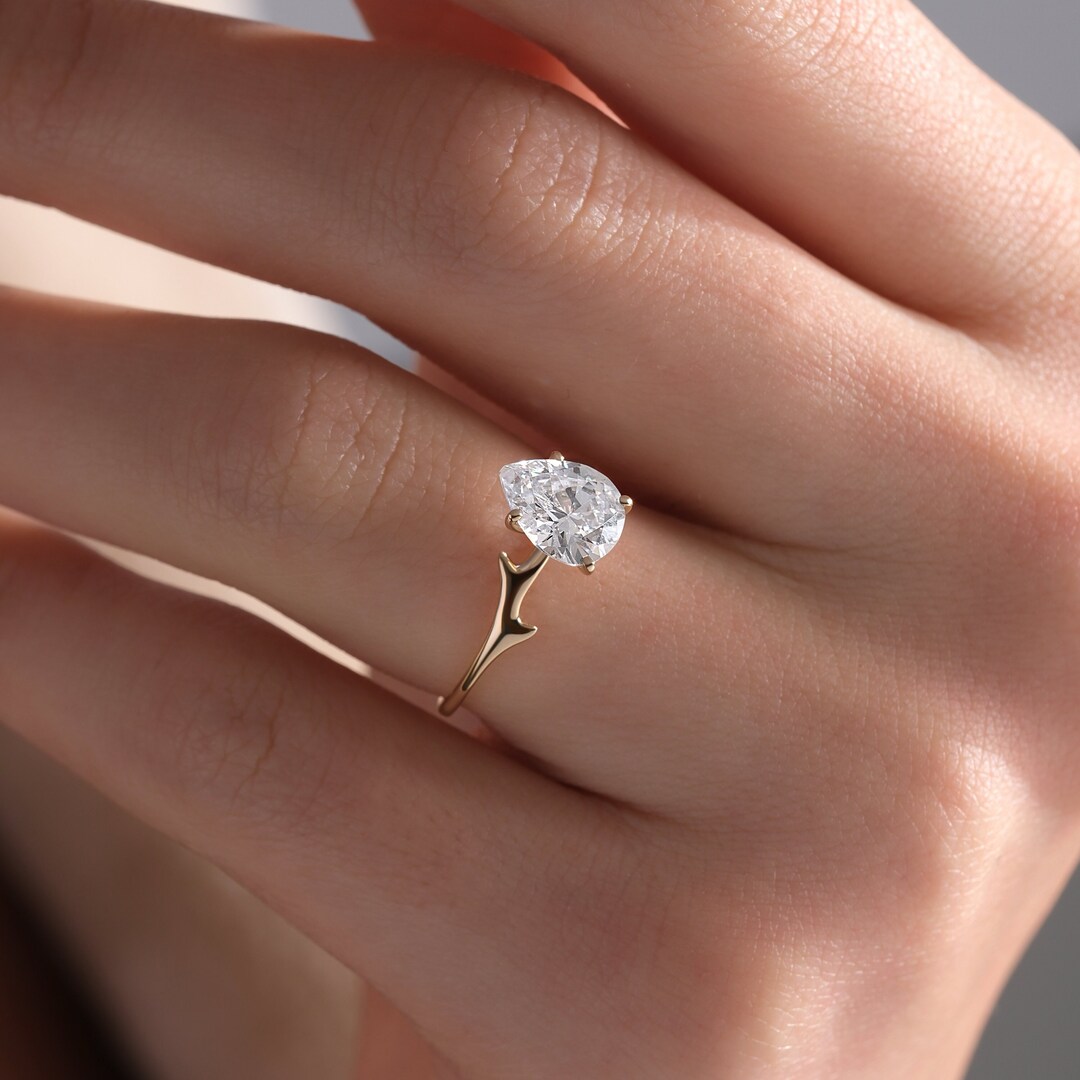 14K Gold Pear Diamond Engagement Ring Anniversary Gift for Women, Solid ...