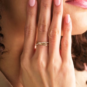 Crossover Triple Ring 14K Gold Pave Diamond Rolling Ring Gold Triple Stacking Ring Interlocking ...