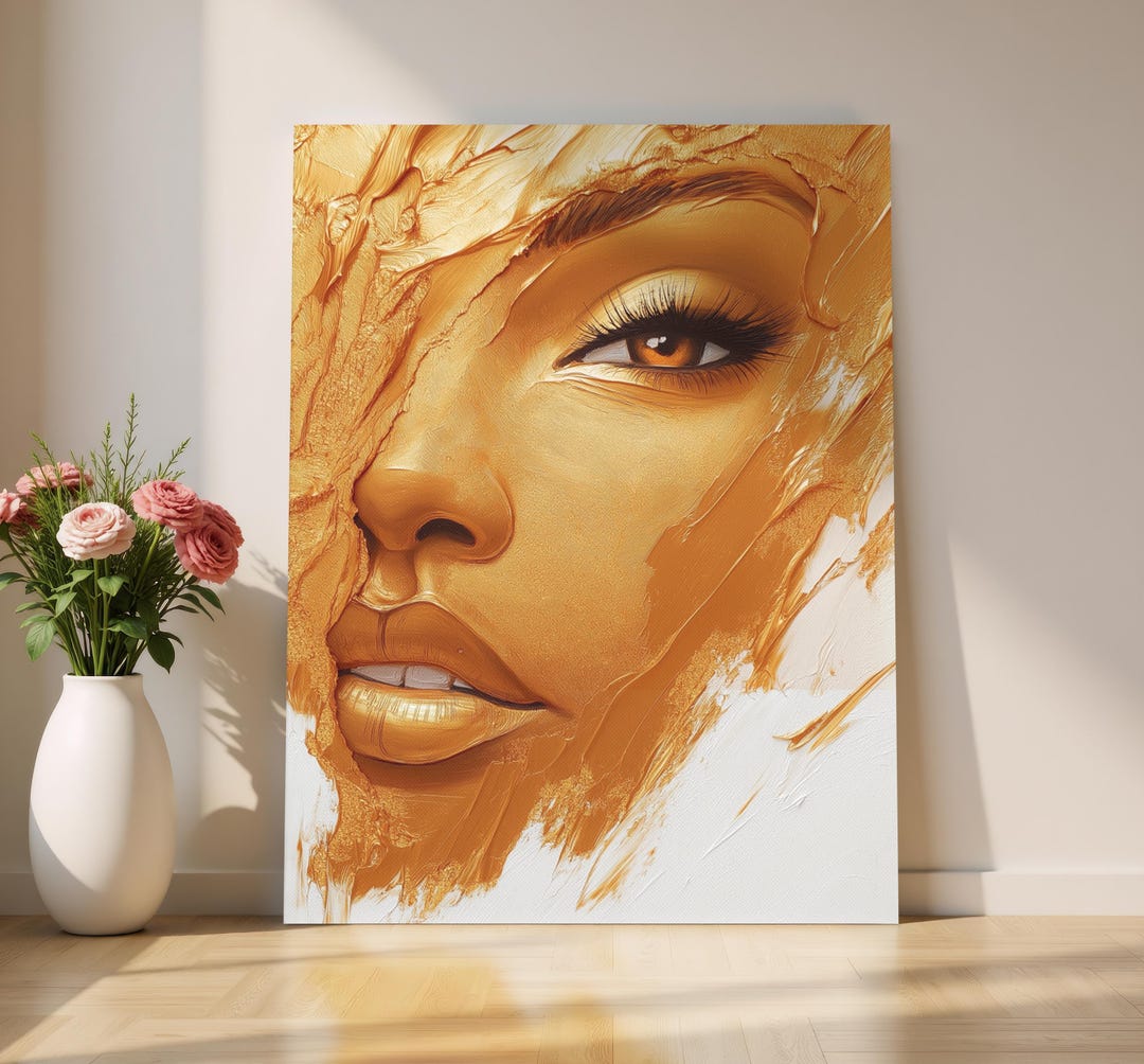Golden Woman Face Impasto Canvas Print, Luxury Textured Wall Art - Etsy