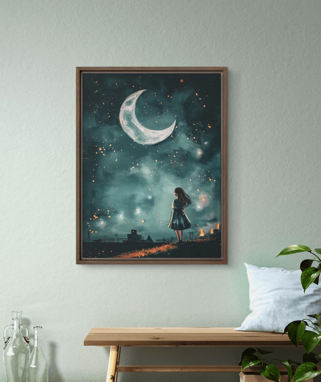 Starry Night Framed Canvas Print | Dreamy Moonlit Sky Art With Pine ...