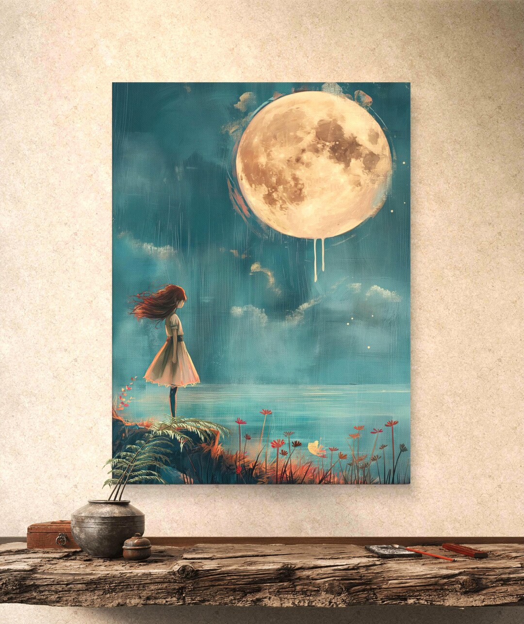 Dreamy Moonlit Girl Canvas Art | Unframed Whimsical Wall Decor ...