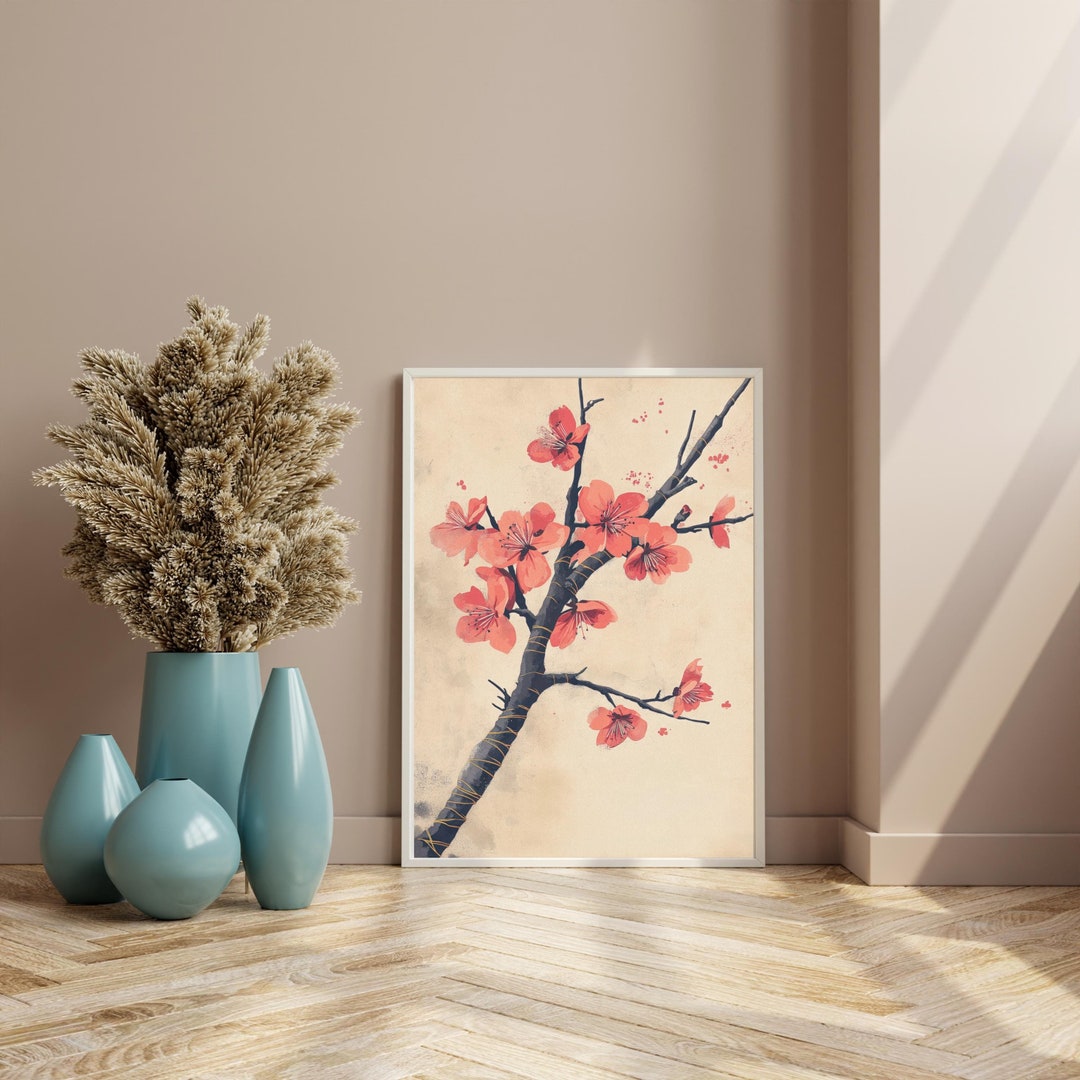 Pink Cherry Blossom Art, Vintage Japanese Tree Branch Wall Decor ...