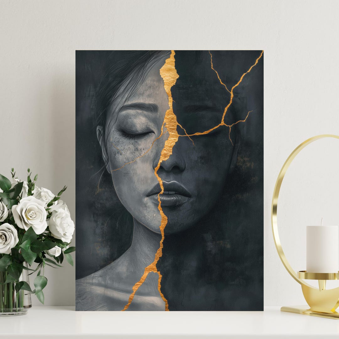 Modern Kintsugi Art Print - Woman Portrait in Black and Gold, Zen ...
