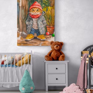 Funny Cat Wall Art, Whimsical Watercolor Cat Art for Kids Room Decor ...