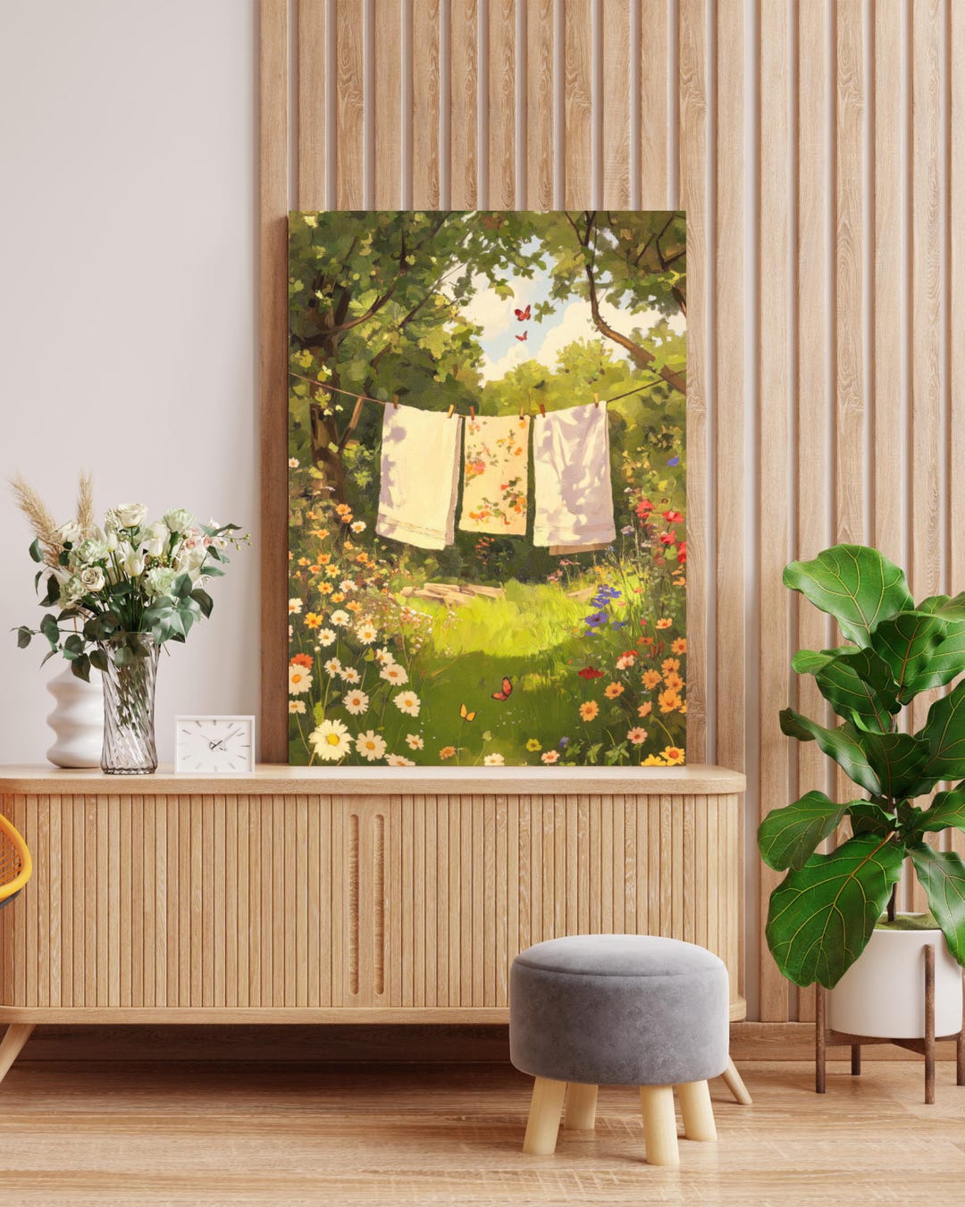 Cottagecore Laundry Room Canvas Print: Clothesline Art, Farmhouse ...