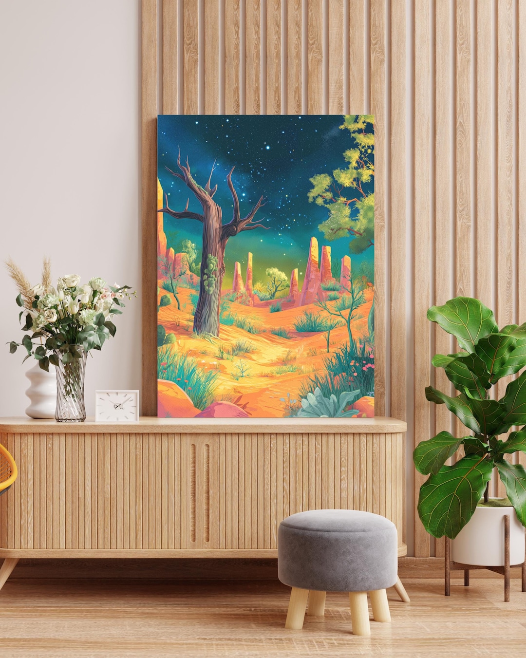 Oasis Under Starry Night Sky, Desert Wall Art, Southwestern Night Sky ...