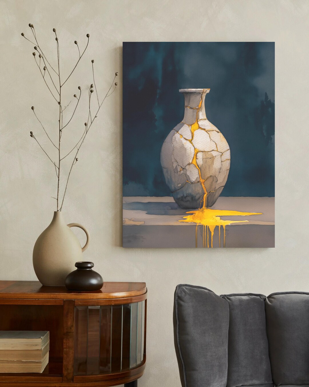 Old Clay Jug Kintsugi Wall Print, Watercolor Vase Art in Warm Muted ...