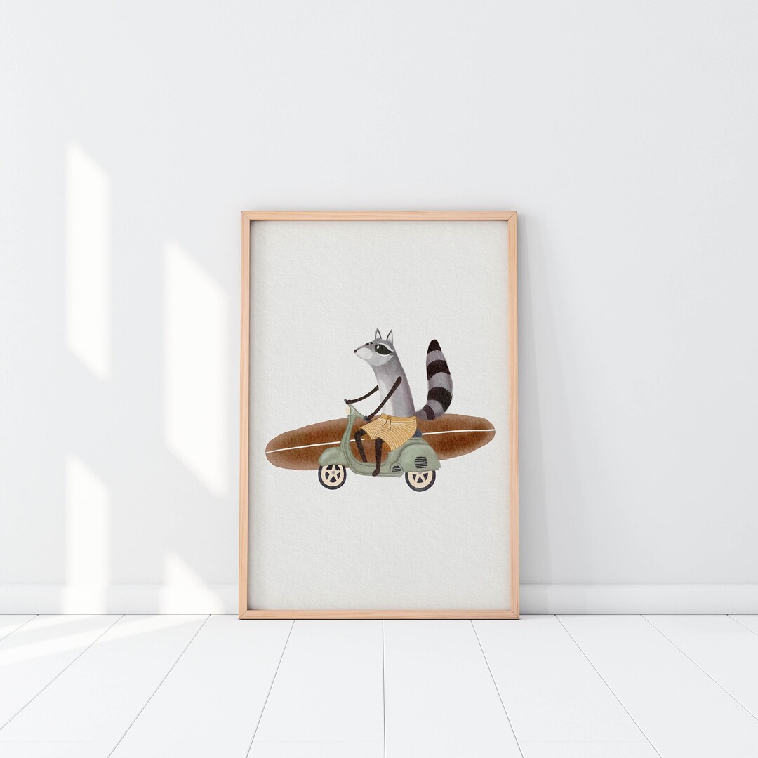 Racoon Surf Motorbike Illustration, Whimsical Wall Art, Animal Nursery ...