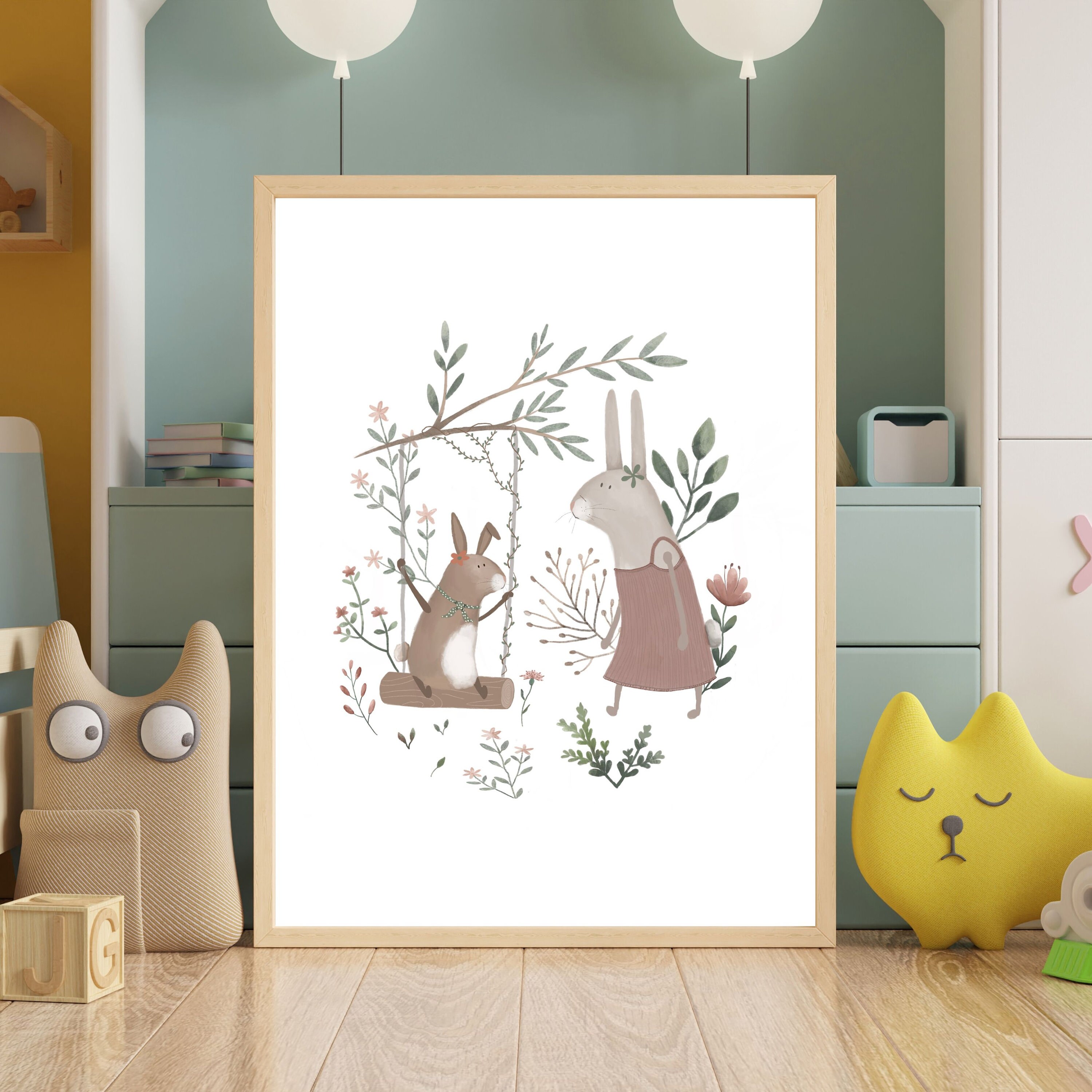 Set of Three Sage Green Rabbit Art Prints, Children's Woodland Wall Art ...