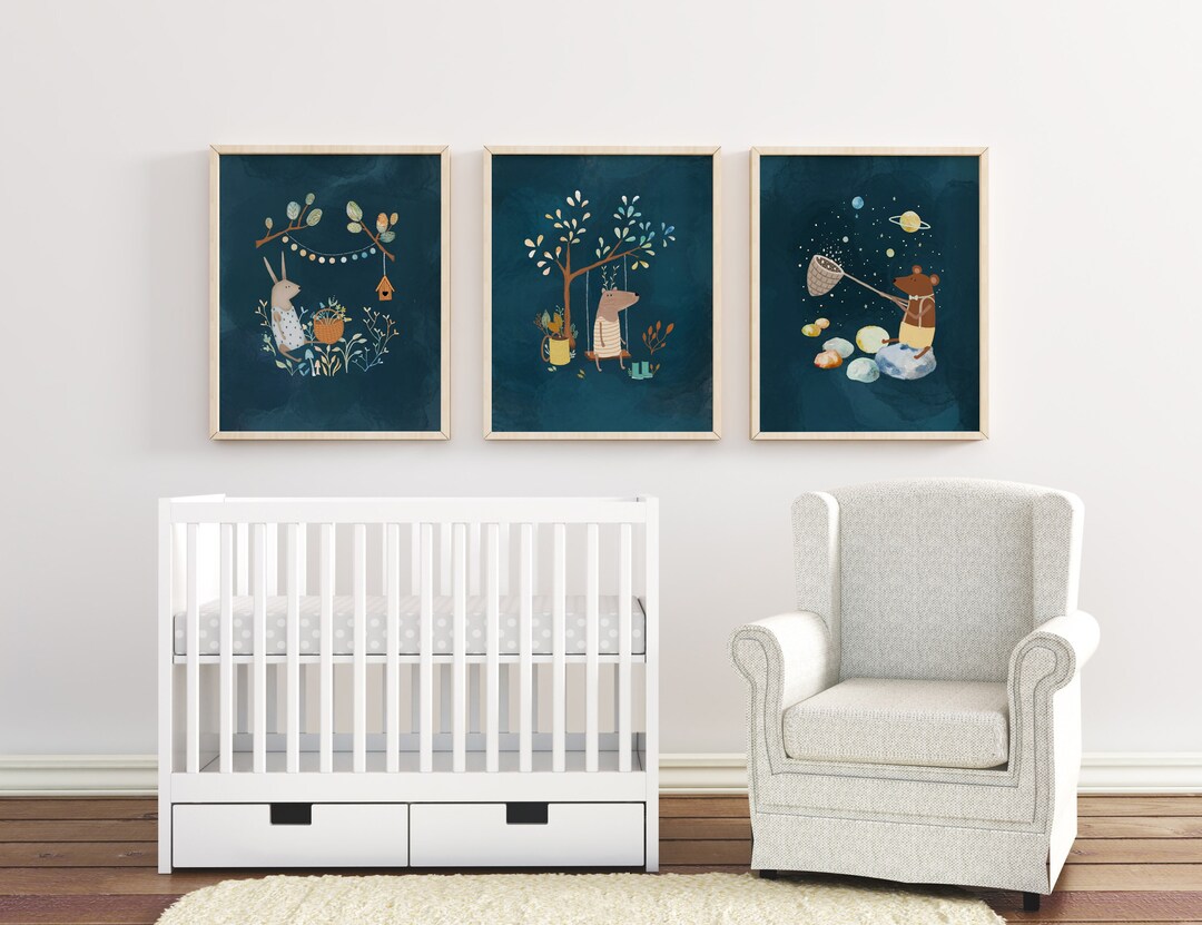 Set of Three Night Sky Nursery Art Prints, Whimsical Nursery Decor ...