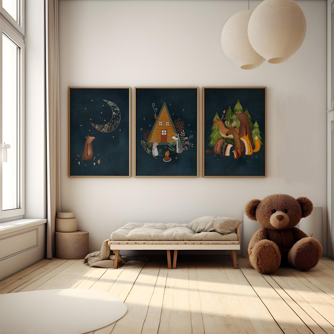Set of Three Night Sky Forest Art Prints, Woodland Animal Nursery Decor ...