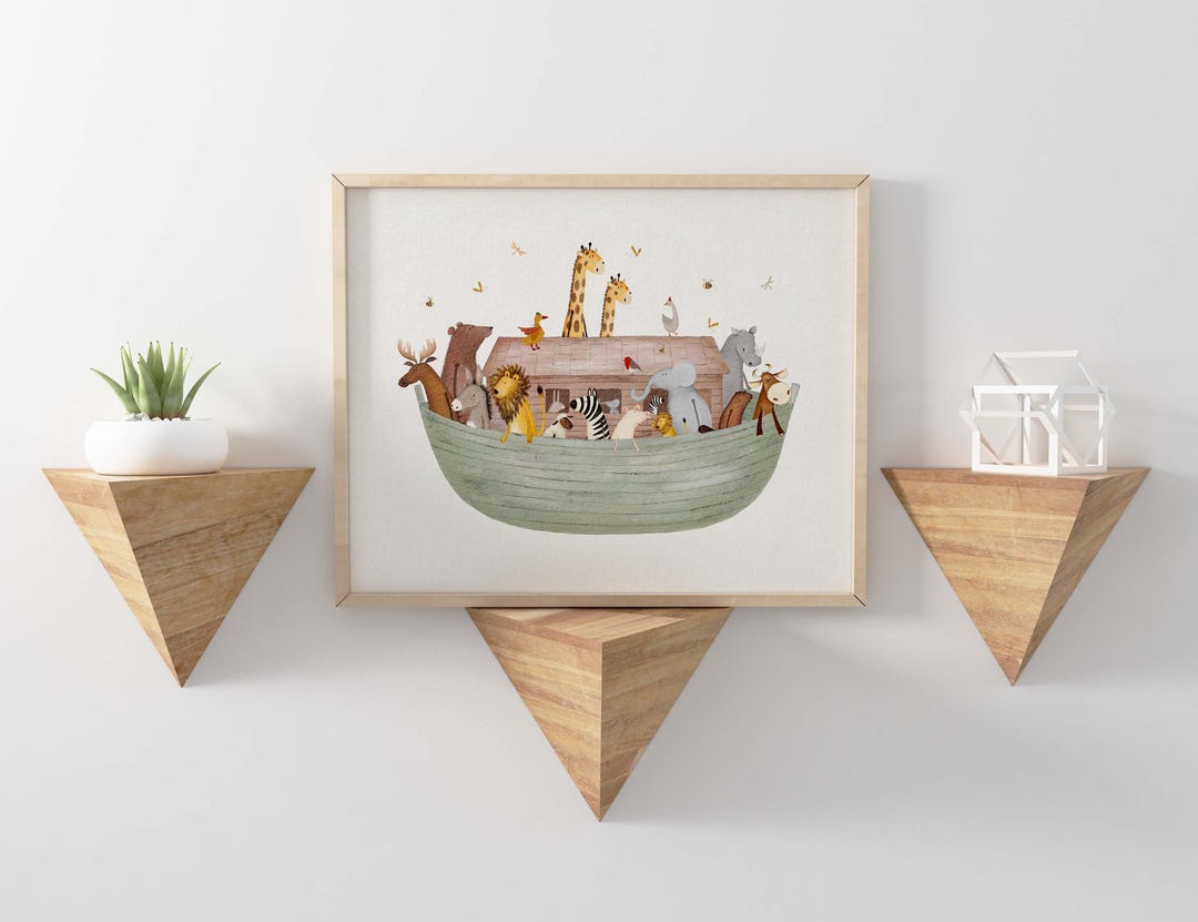 Noah's Ark Art Print, Sage Green Nursery Decor, Hand Painted Animal Art ...