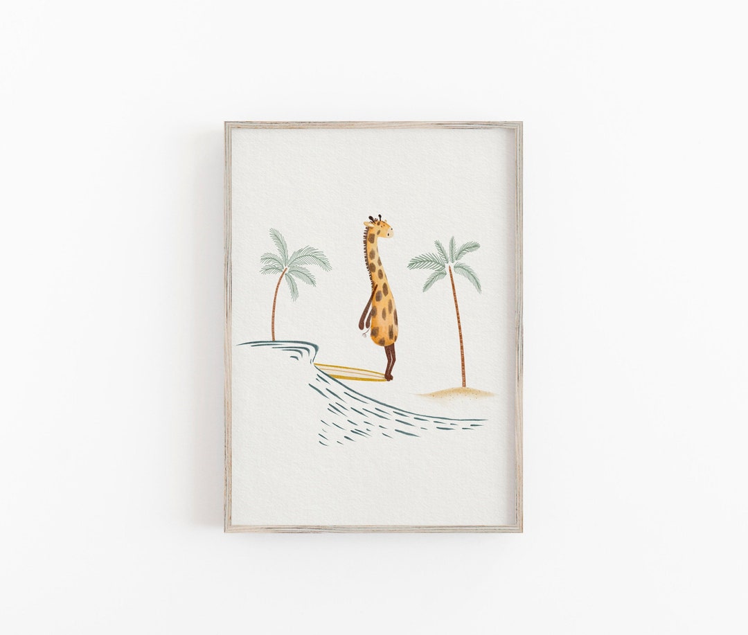 Giraffe Surfing Art Print, Beach Life Wall Decor for Children, Hand ...