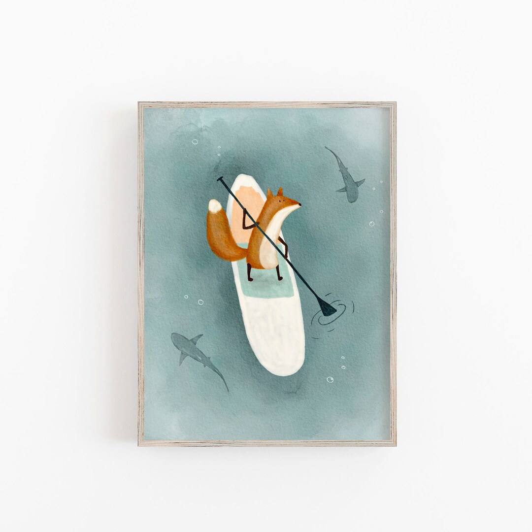 Fox Paddle-boarding Art Print, Nautical Wall Art, Animal Illustration ...