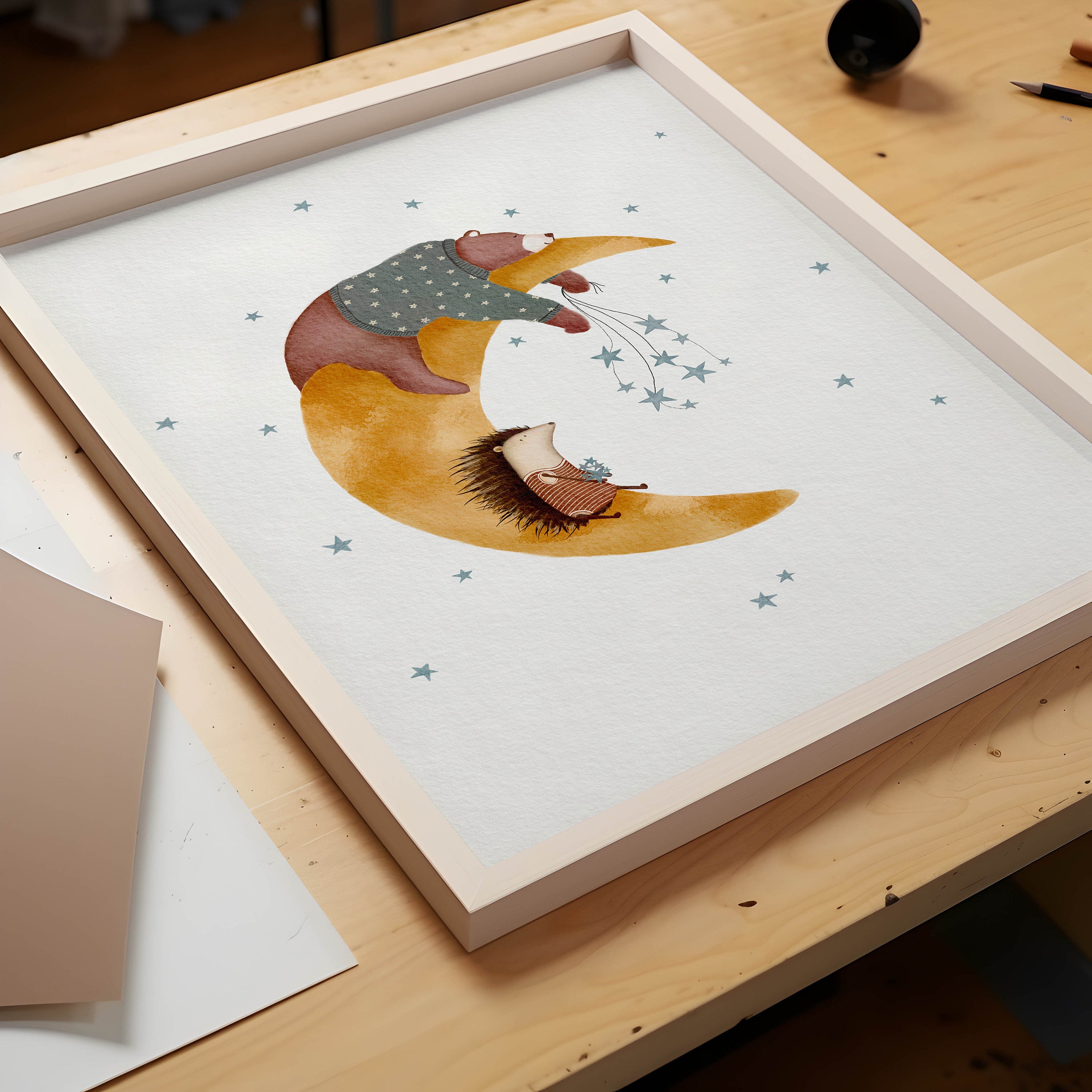Whimsical Bear Art Print for Children, Moon & Stars Wall Decor ...