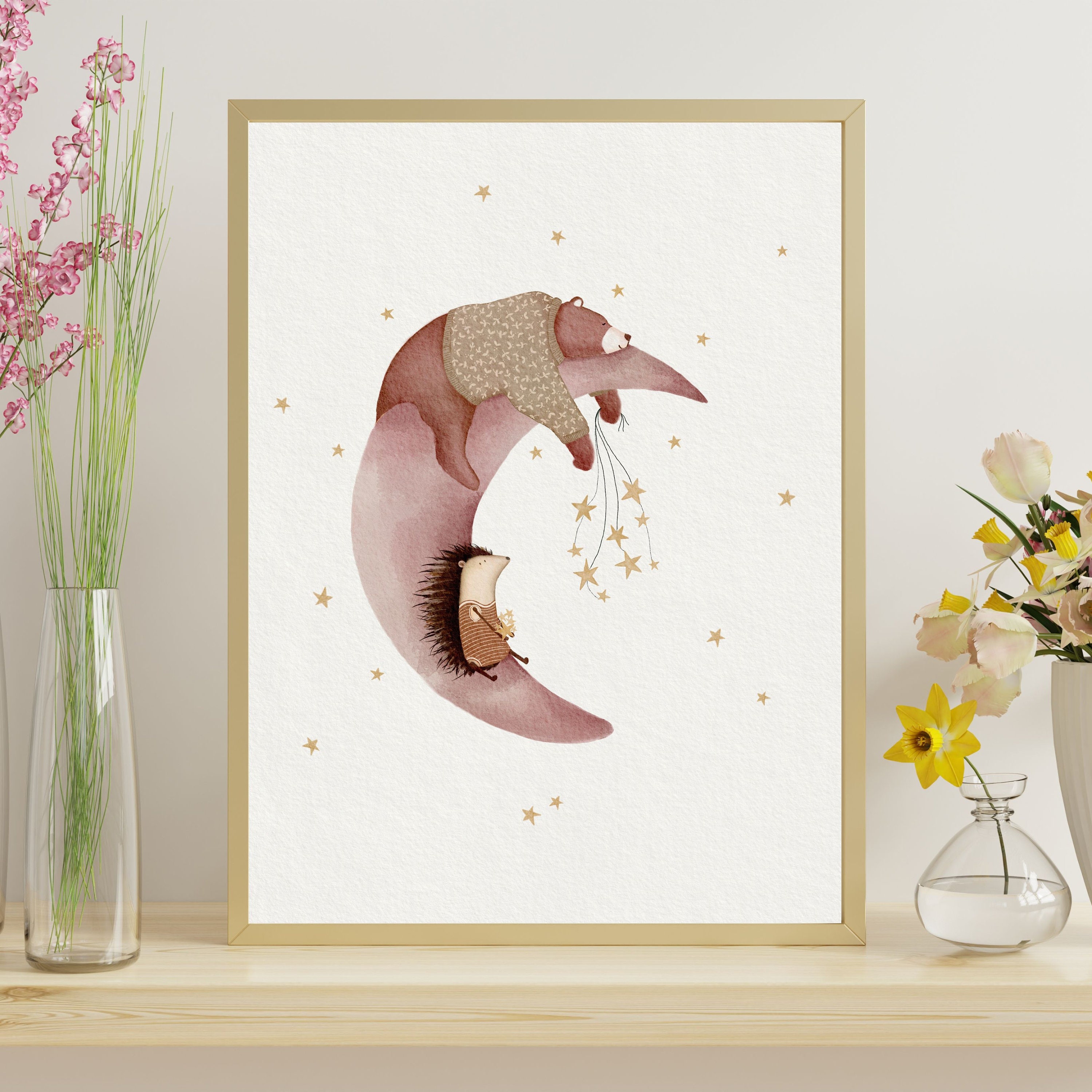 Whimsical Moon & Bear Art Print for Children's Room, Hand Painted ...
