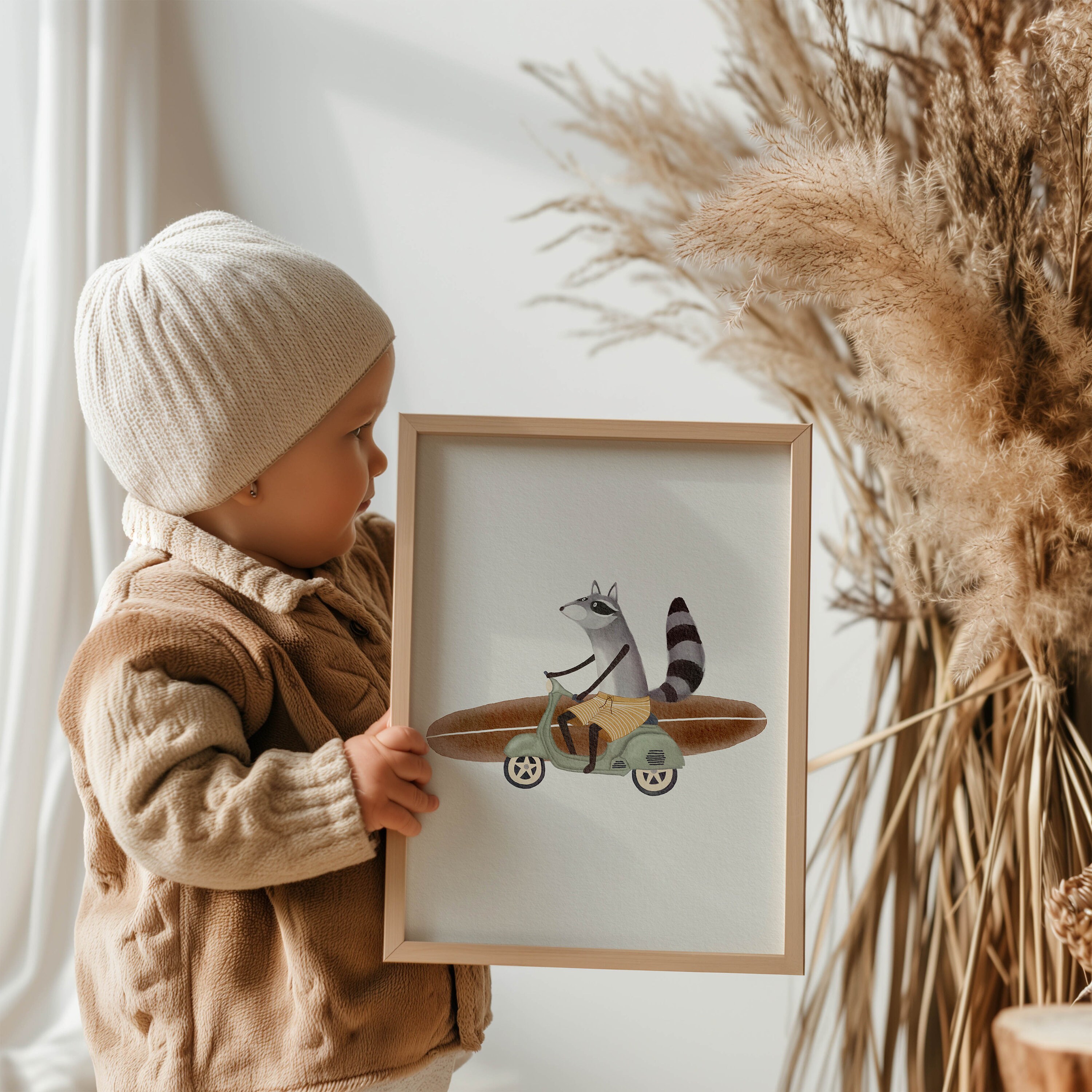 Racoon Surf Motorbike Illustration, Whimsical Wall Art, Animal Nursery ...