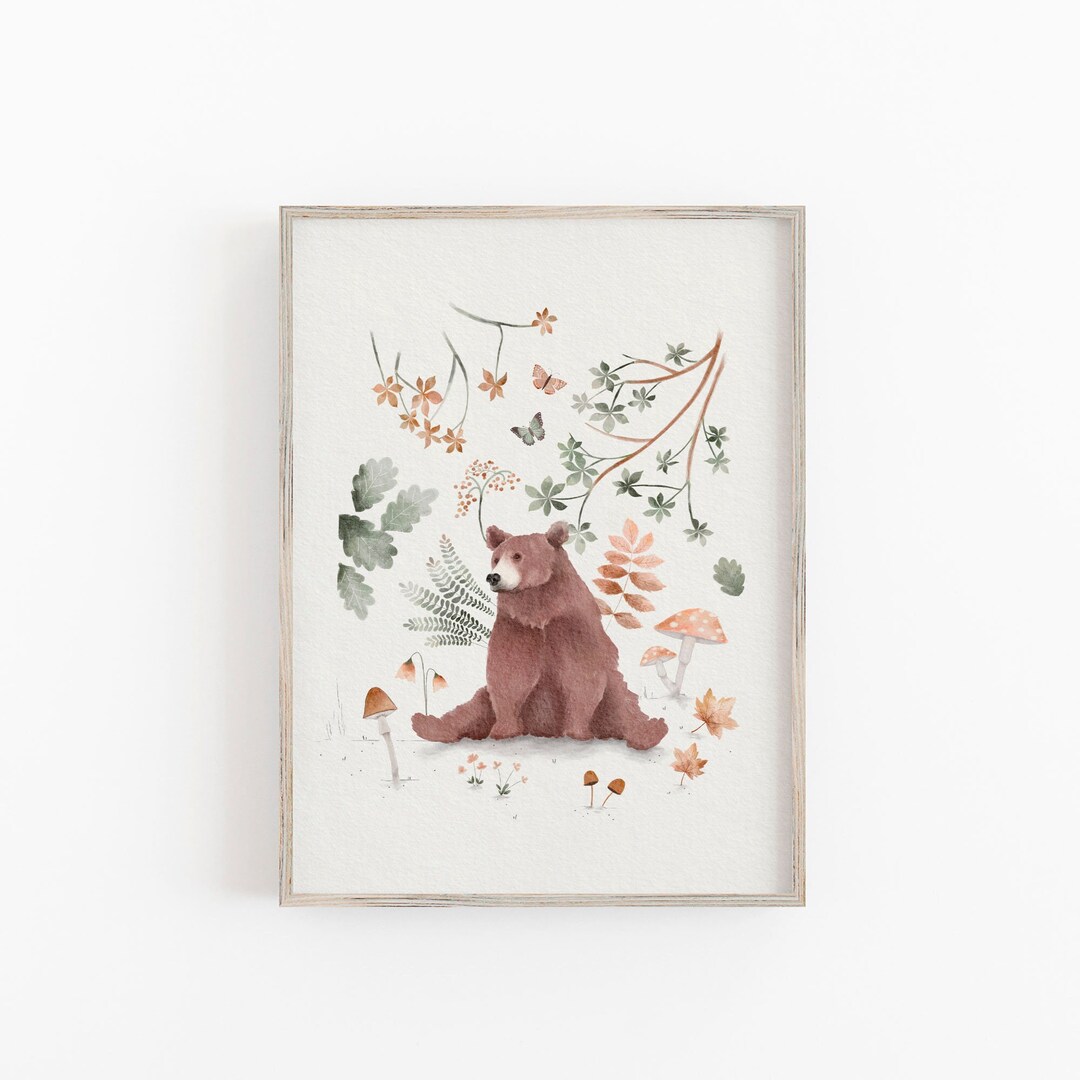 Whimsical Bear With Mushrooms Art Print, Woodland Wall Art, Sage Green ...