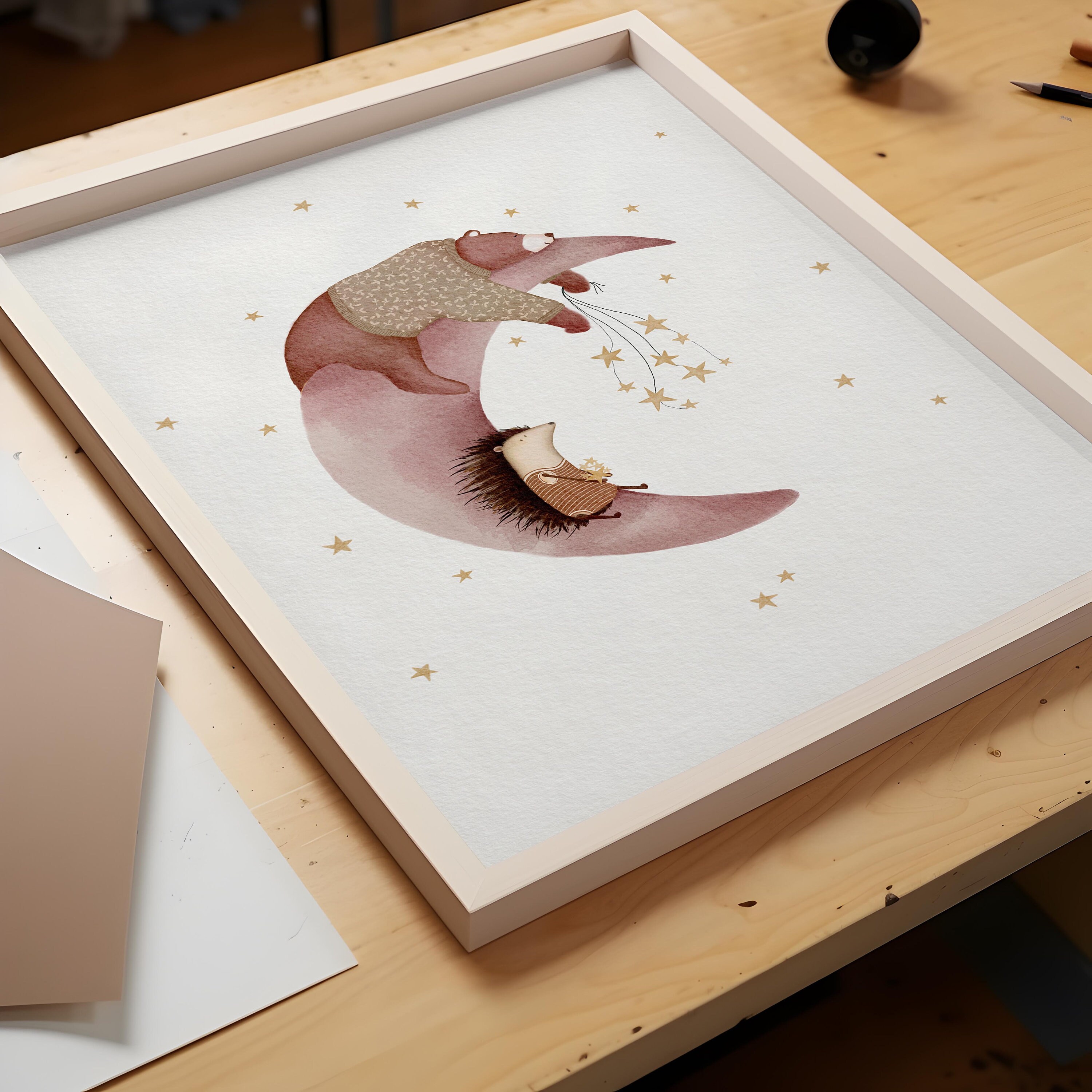 Whimsical Moon & Bear Art Print for Children's Room, Hand Painted ...