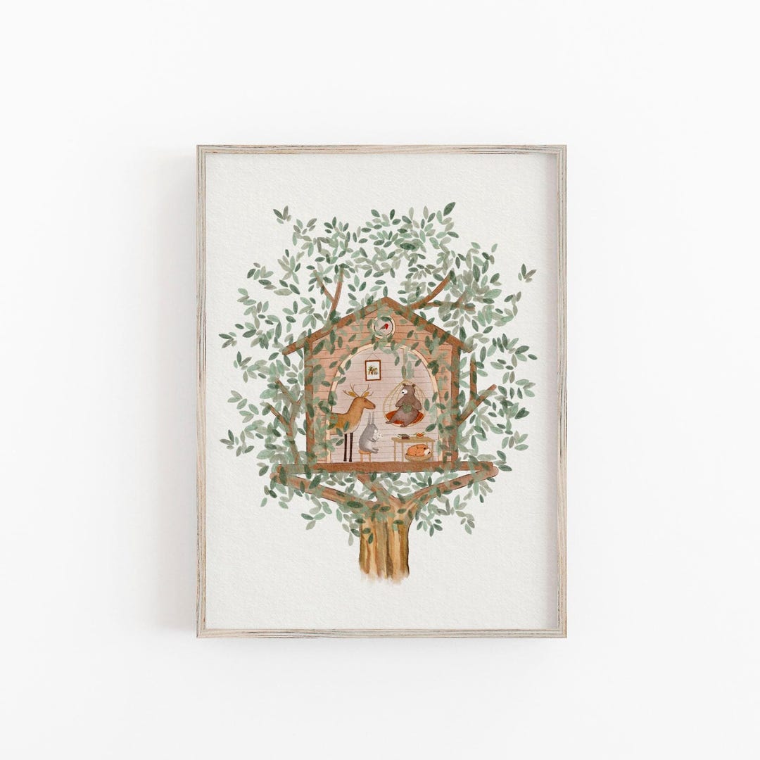 Whimsical Woodland Treehouse Illustration for Children, Forest Wall ...