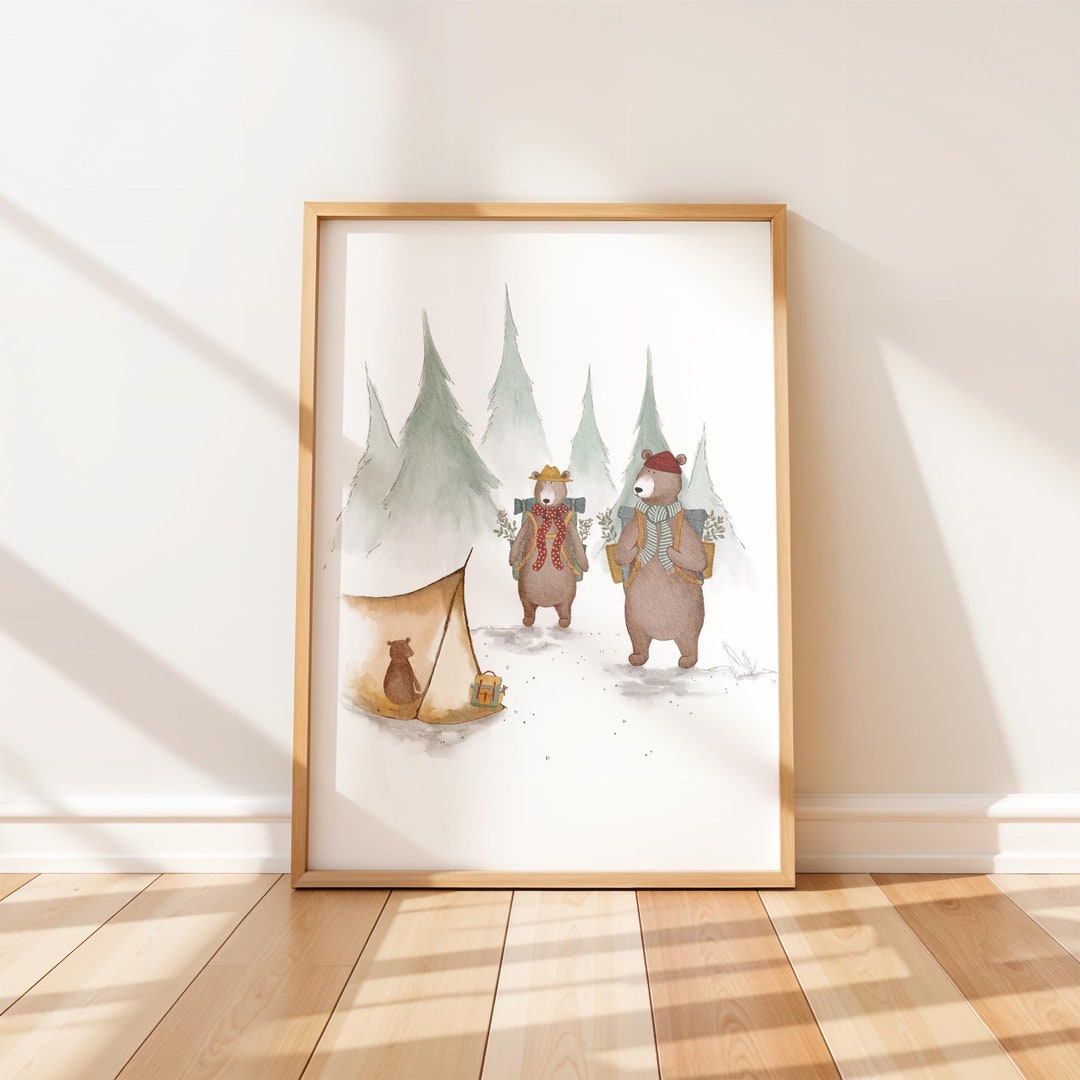 FRAMED Bear Adventure Art Print for Kids, Adventure Wall Decor, Wooden ...