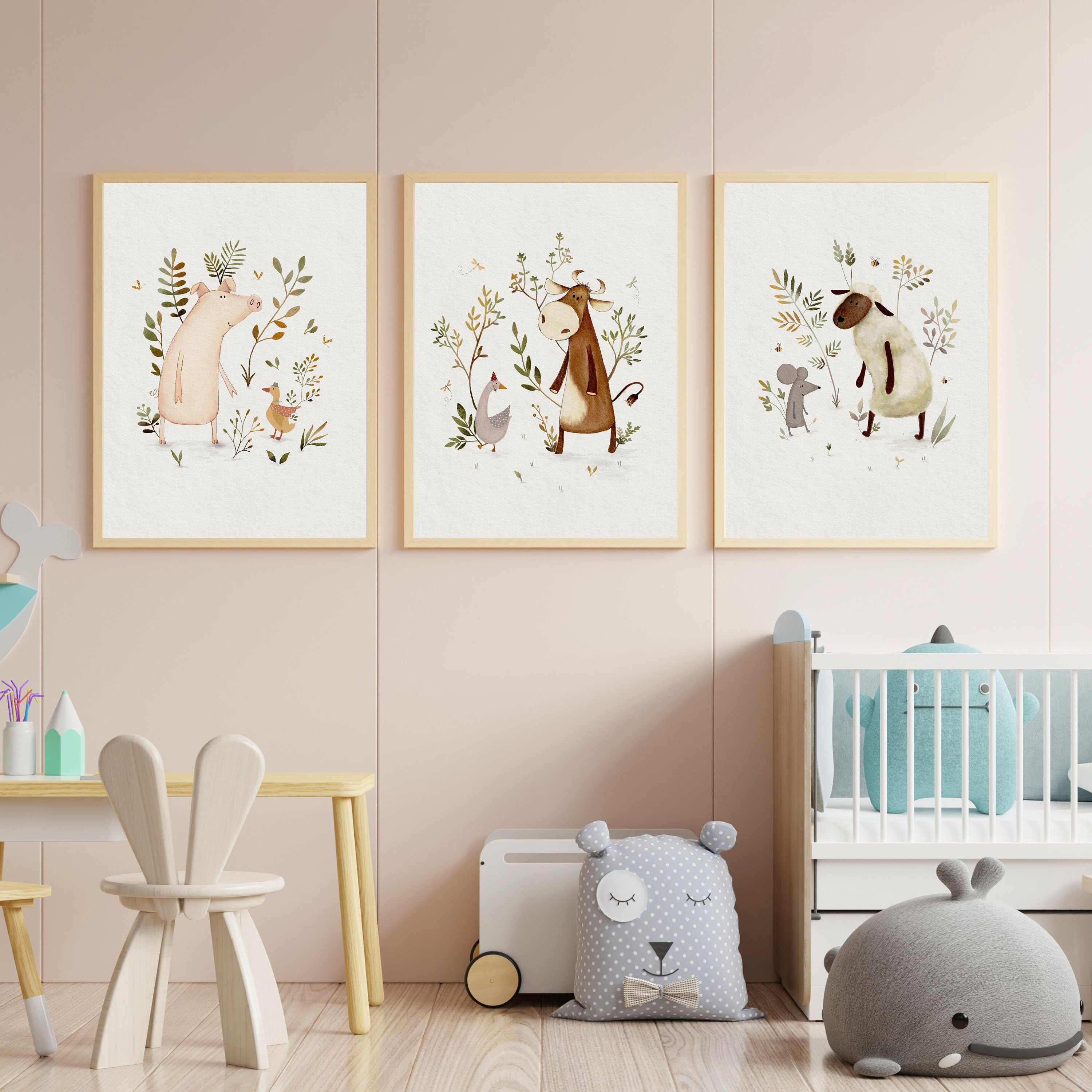 Set of Three Farm Animal Art Prints for Children, Farmhouse Style ...