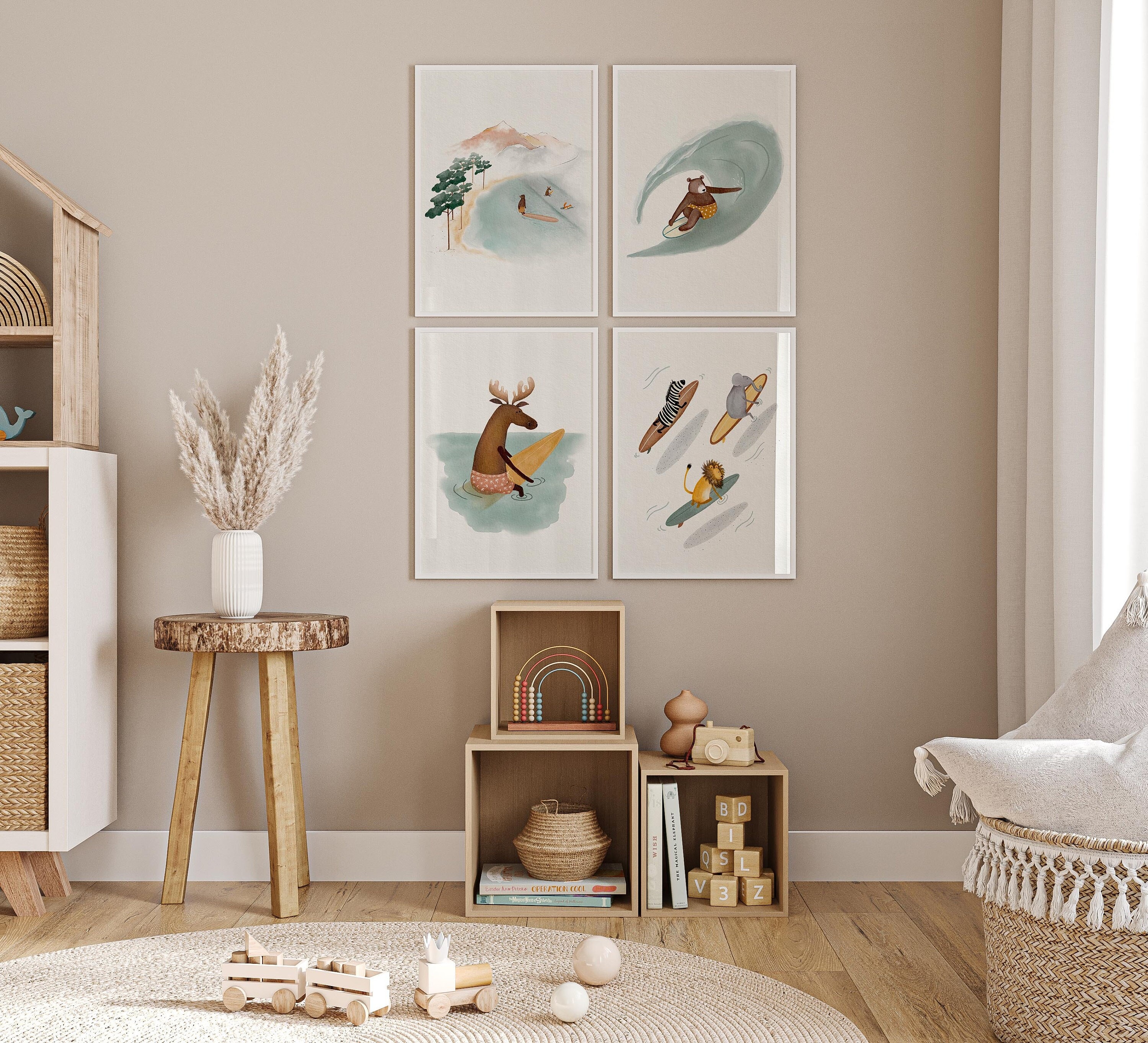 Set of Four Beach Theme Art Prints, Surfing Wall Art for Children ...