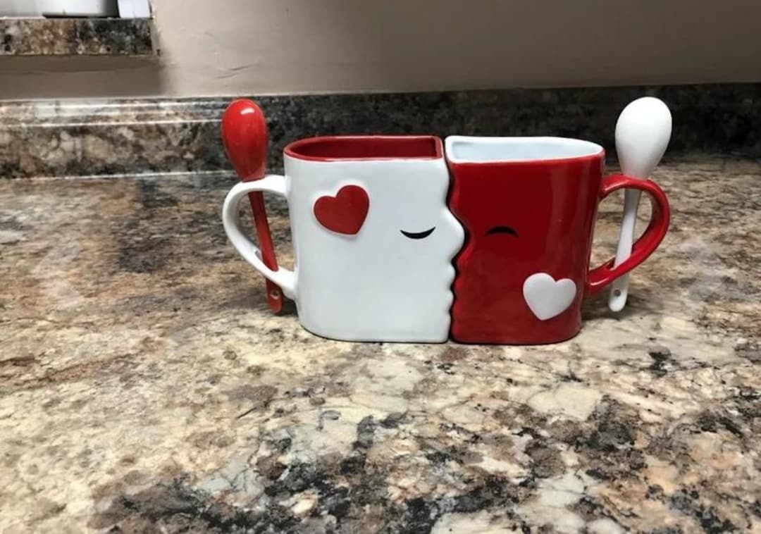 Kissing Mugs Set, Anniversary & Wedding Gifts, Two Large Cups Spoons ...
