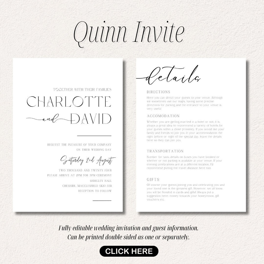 Quinn Wedding Invite, Modern Editable Invitation Template, Minimalist ...