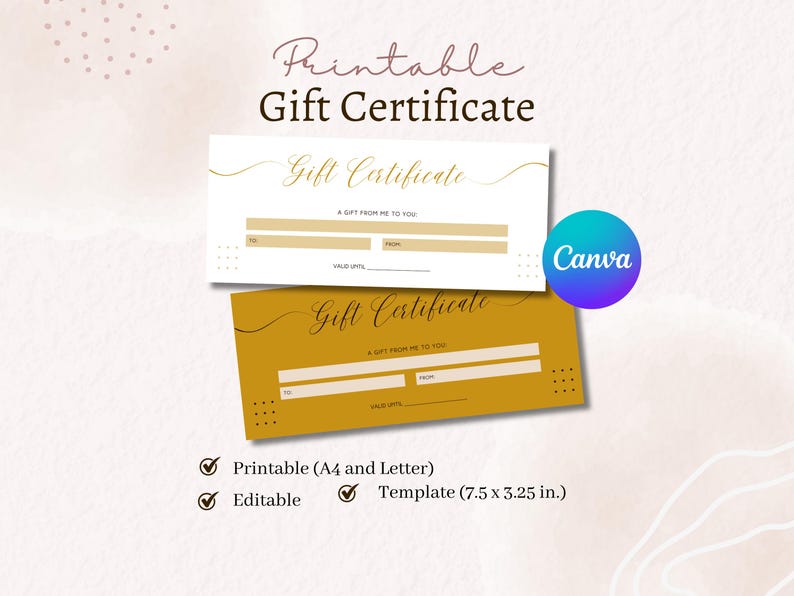 Gift Certificate, Gift Voucher, Letter & A4 Sizes Printable Editable ...