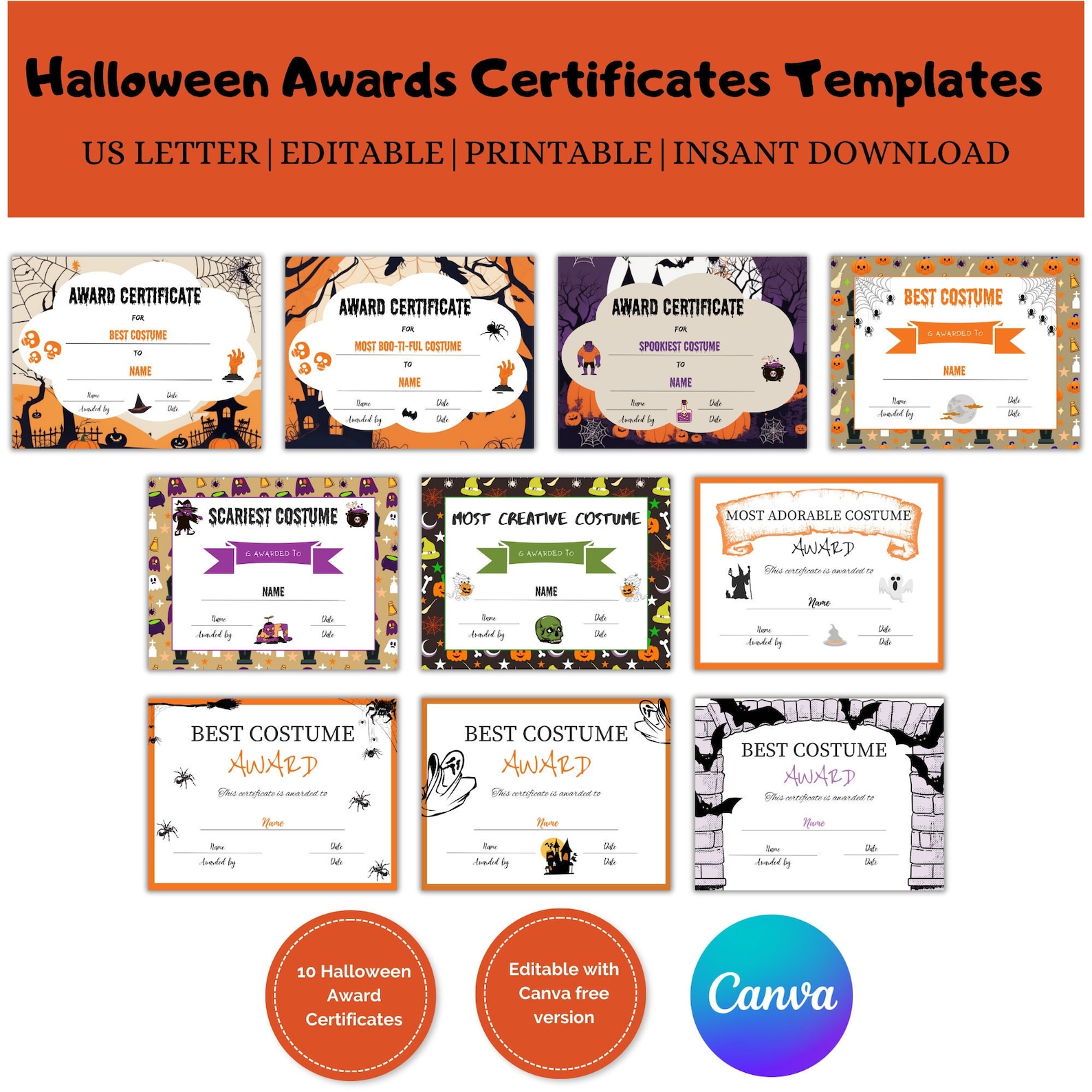Spooktacular Halloween Certificate Bundle | Editable Halloween Costume ...