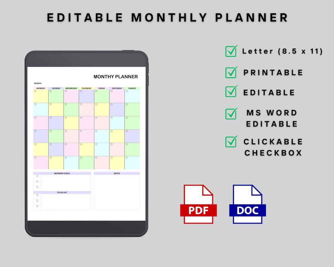MS Word Editable Monthly Planner Including Fillable PDF - Etsy