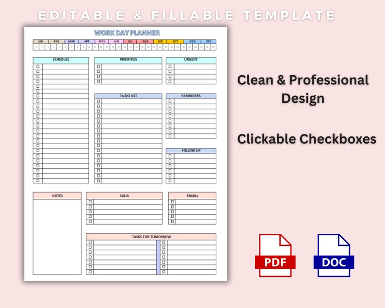 Editable Work Planner Template Work Day Organizer Printable - Etsy