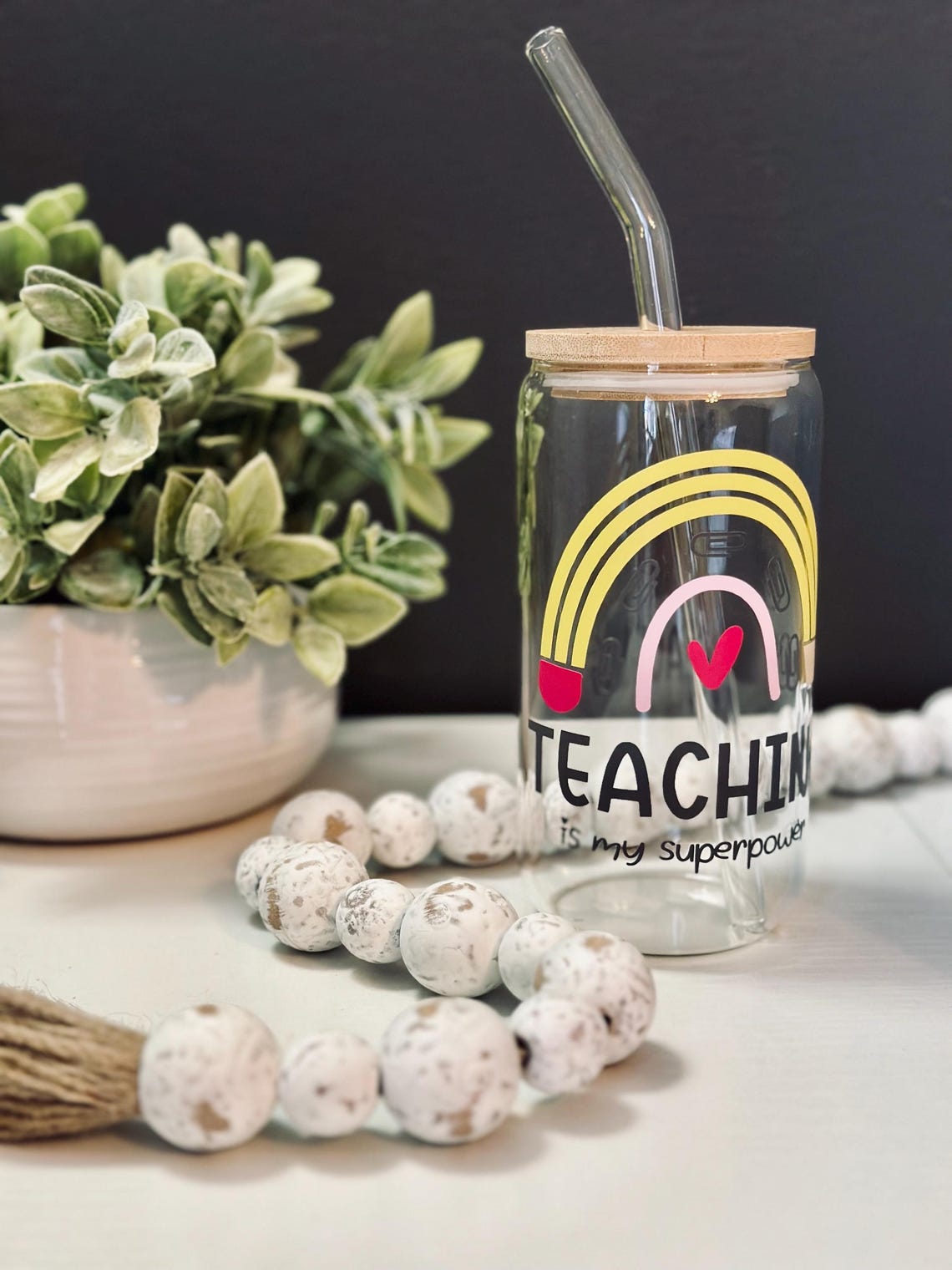 Teaching is My Superpower Rainbow Pencil Teacher Glass Beer Can Straw ...