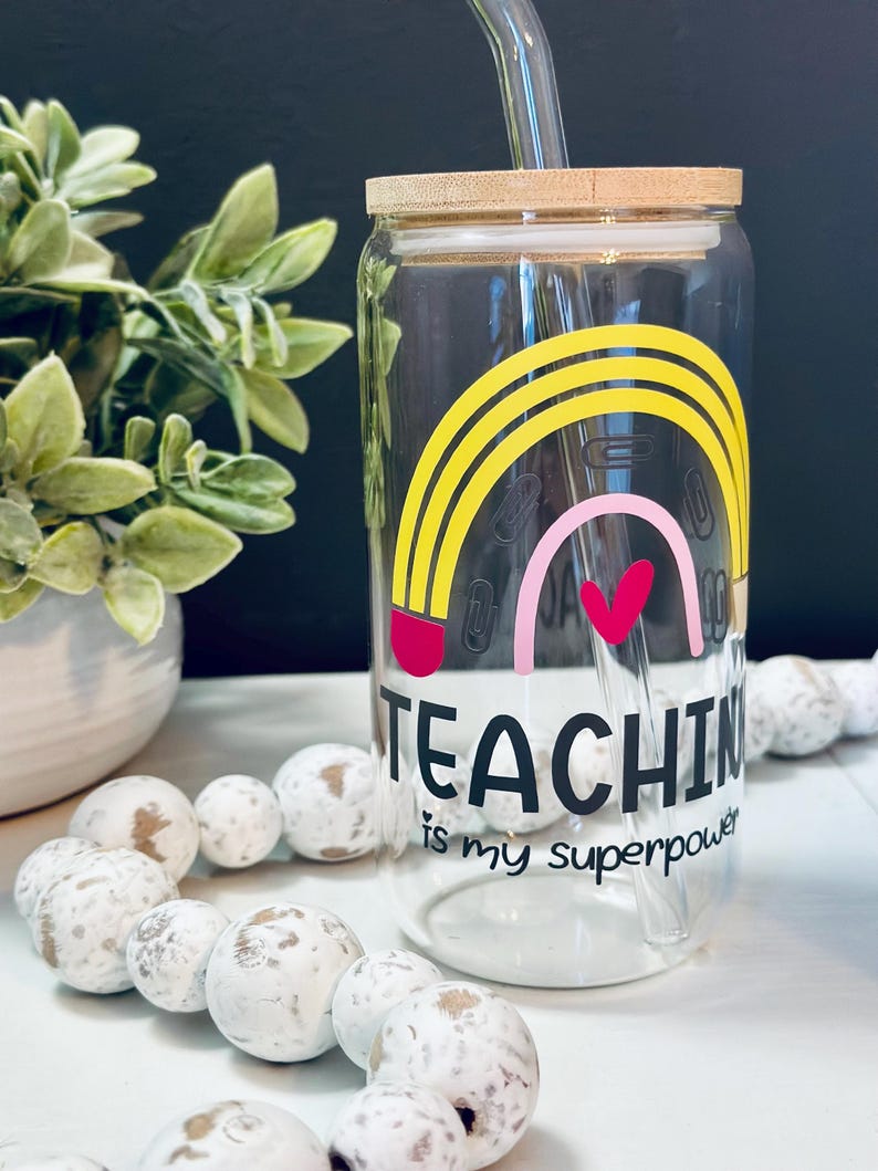 Teaching is My Superpower Rainbow Pencil Teacher Glass Beer Can Straw ...