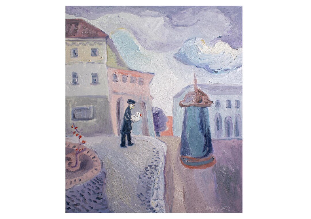 Naive Oil Painting Cityscape With Figure Original Artwork Large Canvas ...