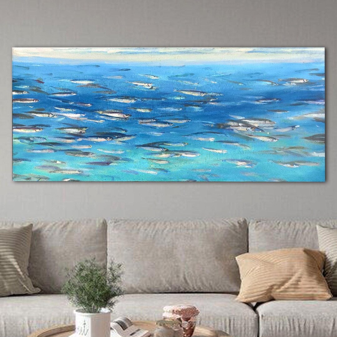Horizontal Large Oil Painting Sardines Fish Ocean Abstract Oil Canvas ...