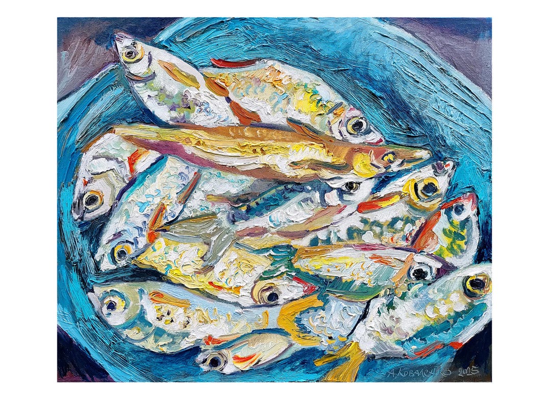 Fish Large Oil Painting Impressionism Decor Artwork Sea Food Kitchen ...