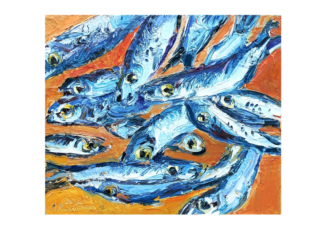 Sardines Oil Painting Fish Seafood Impasto Artwork on Canvas Colorful ...